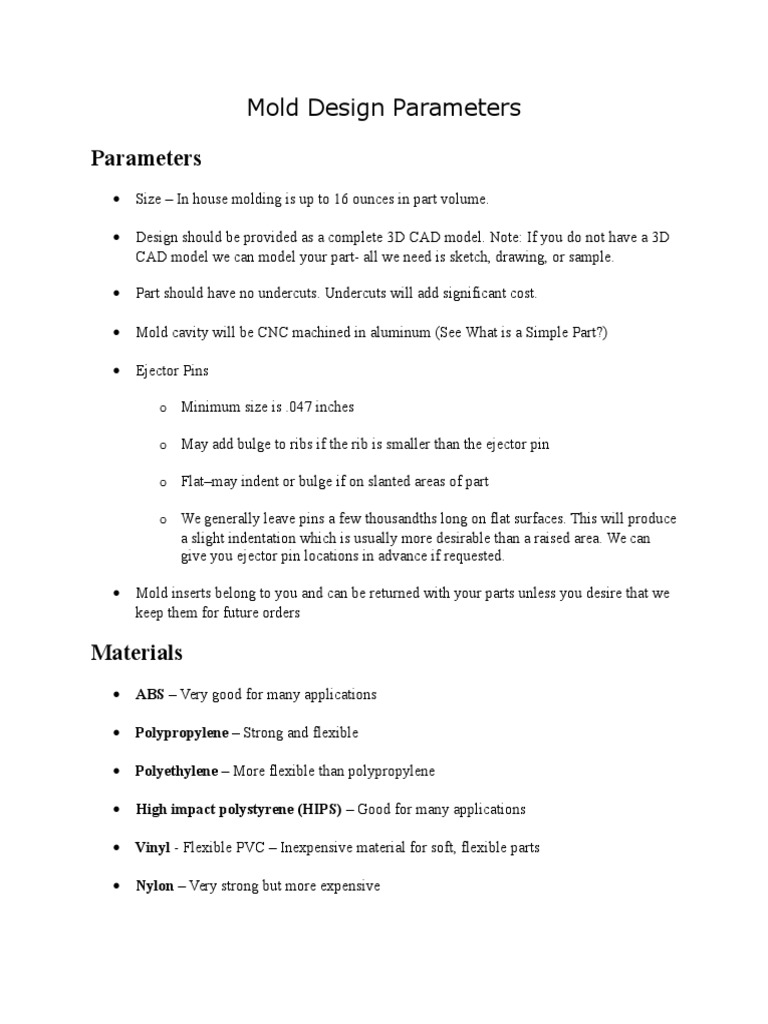Mold Design Parameters | PDF | Casting (Metalworking) | Plastic