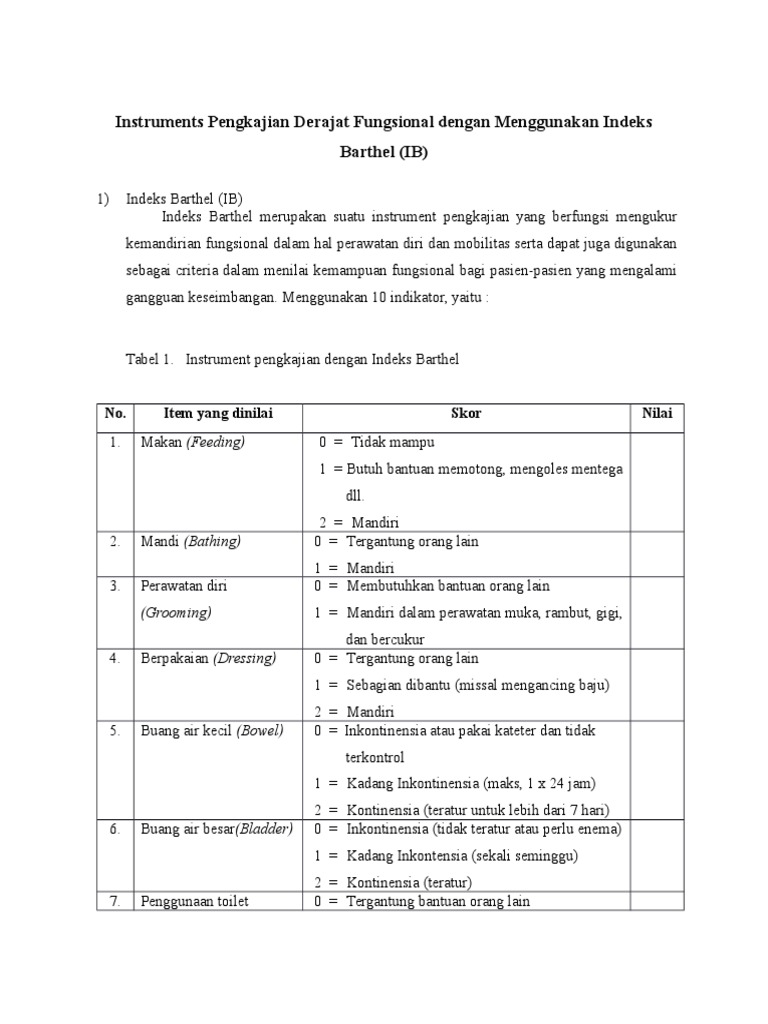 Pengkajian Derajat Fungsional Bartel Indeks | PDF