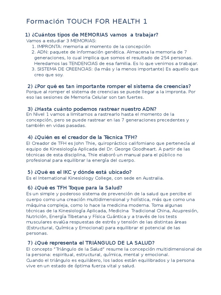 Formación TOUCH For HEALTH 1 - Preguntas | PDF | Músculo | Las emociones