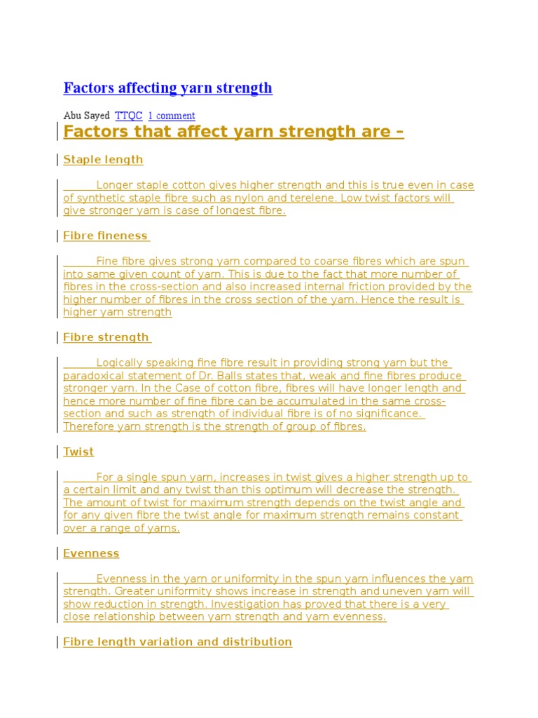 Factors Affecting Yarn Strength | PDF | Wear | Textiles