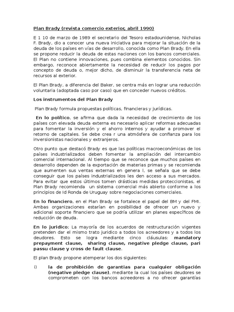 Resumen del Plan Brady para aliviar la deuda externa de los países en ...