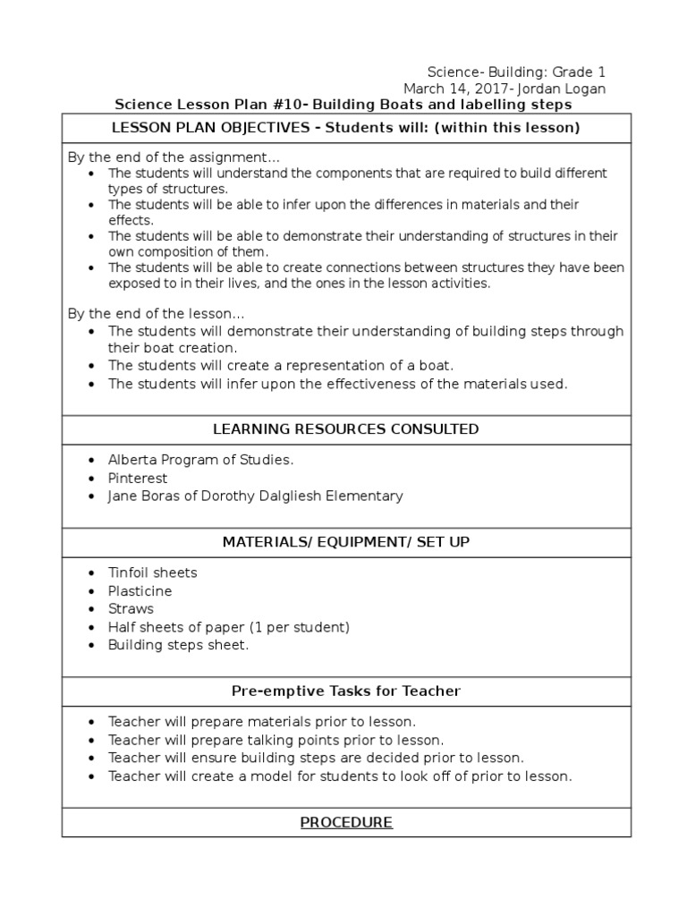 Science Lesson Plan 10 - Building Boats and Labelling Steps | PDF ...
