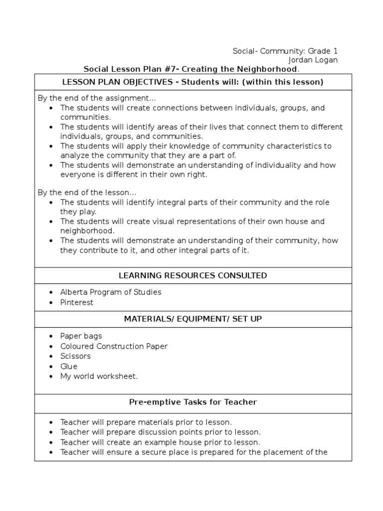 Social Lesson Plan 7 - Creating The Neighborhood | PDF | Worksheet ...