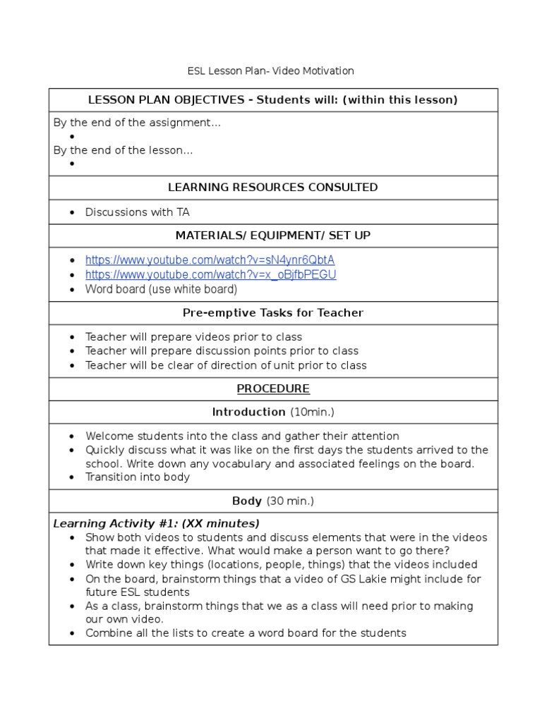 Esl Lesson Plan - Motivation For Video Unit | PDF
