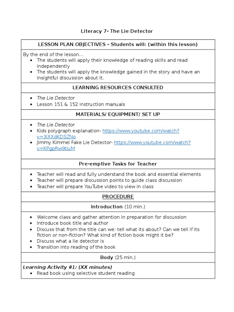Literacy 7 - The Lie Detector | PDF | Polygraph | Lesson Plan