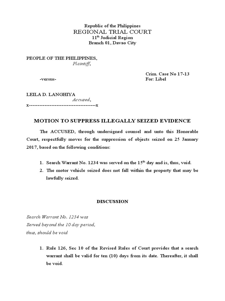 Motion To Suppress Illegally Seized Evidence | PDF | Search And Seizure ...