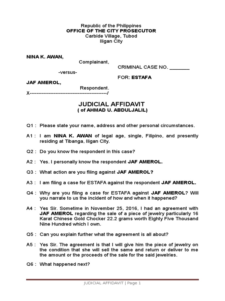 Judicial Affidavit - Re Estafa | Notary Public | Affidavit