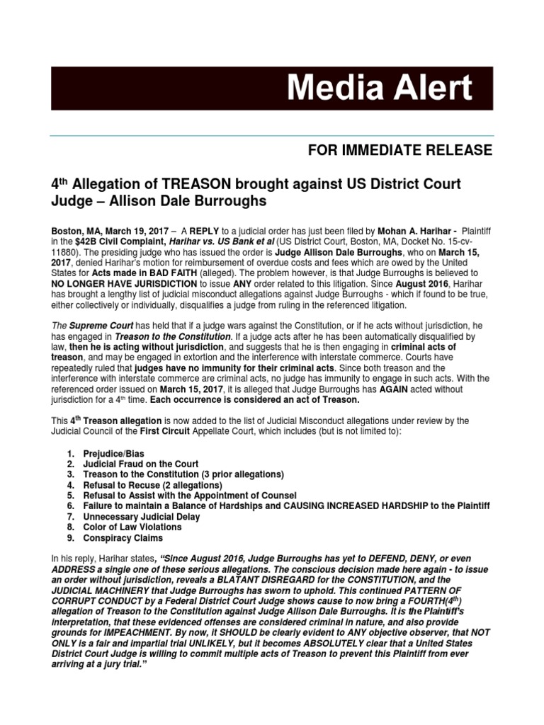 4th Allegation of TREASON Brought Against US District Court Judge ...