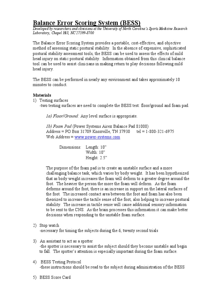 Balance Error Scoring System (BESS) PDF | PDF | Balance (Ability) | Foot