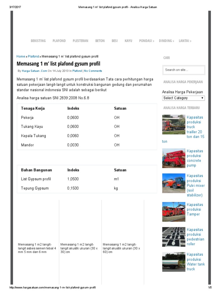Memasang 1 M' List Plafond Gysum Profil - Analisa Harga Satuan | PDF