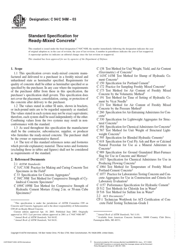 ASTM C94 C94M 03 Ready Mixed Concrete | Weighing Scale | Concrete