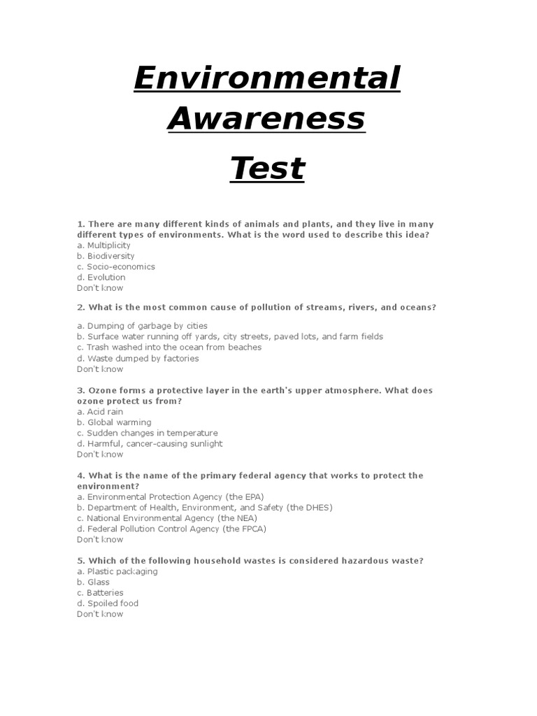 Environmental Awareness Test | PDF | Home & Garden | Science & Mathematics