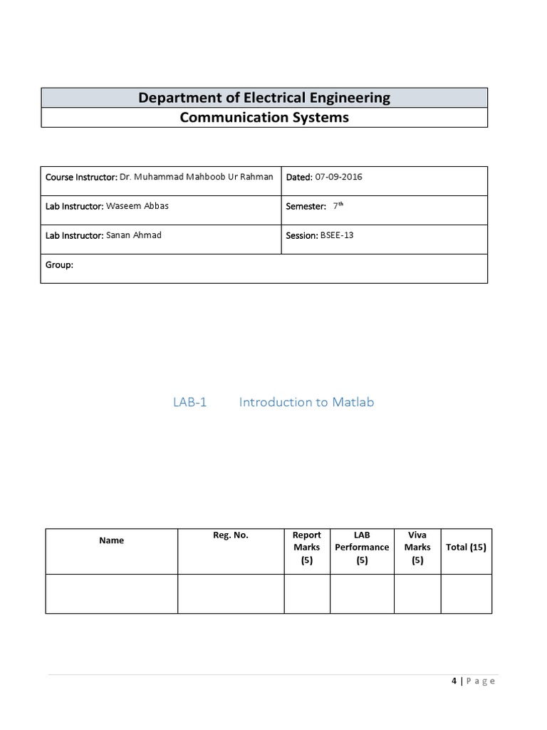 Department of Electrical Engineering Communication Systems: LAB-1 Introduction To Matlab ...