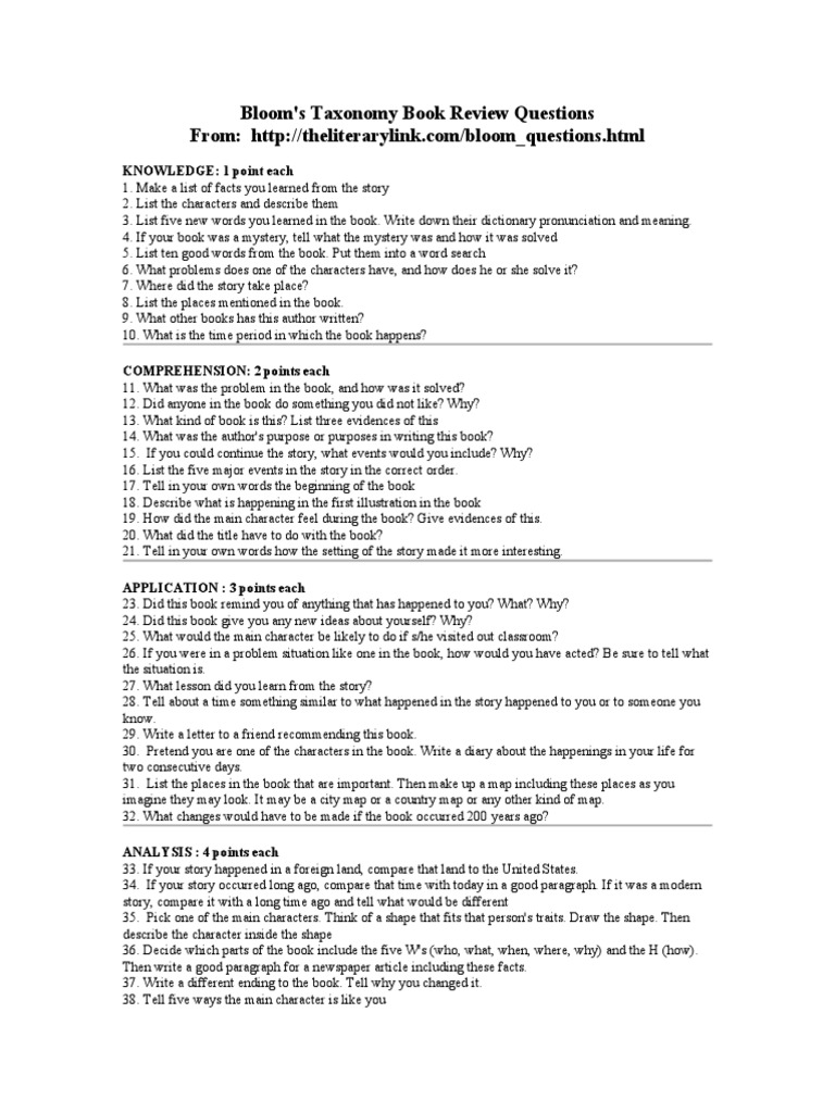 Blooms Taxonomy Book Review Questions | PDF | Books | Communication