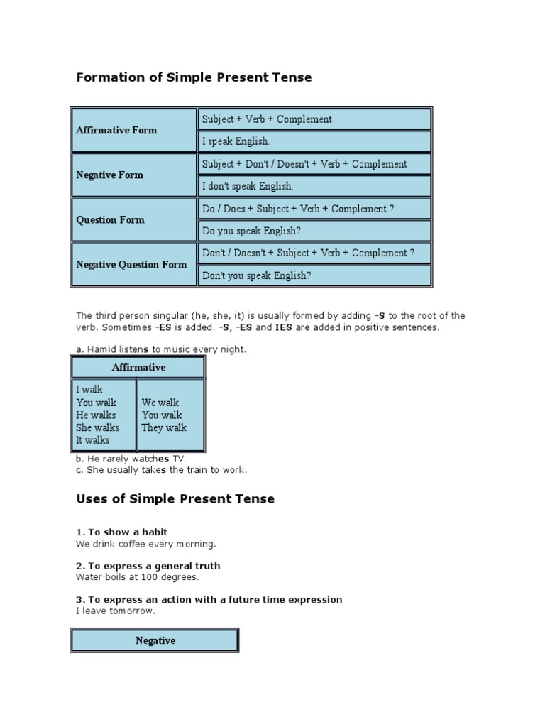Formation of Simple Present Tense | PDF | Perfect (Grammar ...