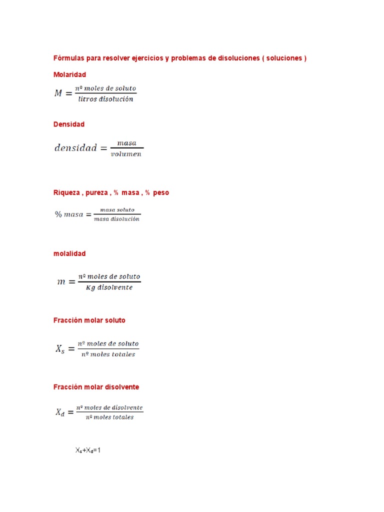 Fórmulas para Resolver Ejercicios y Problemas de Disoluciones | PDF