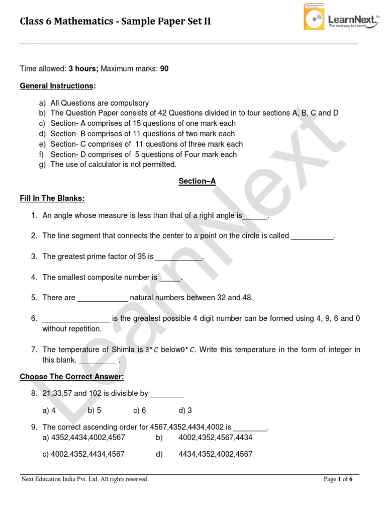 Class 6 Maths Set II Sample Papers | PDF | Rectangle | Elementary Geometry
