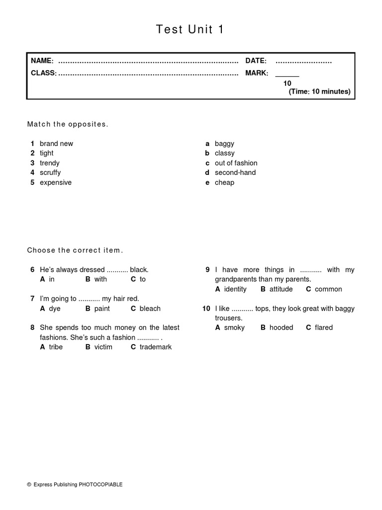 Test Unit 1: © Express Publishing PHOTOCOPIABLE | PDF | Money | Clothing