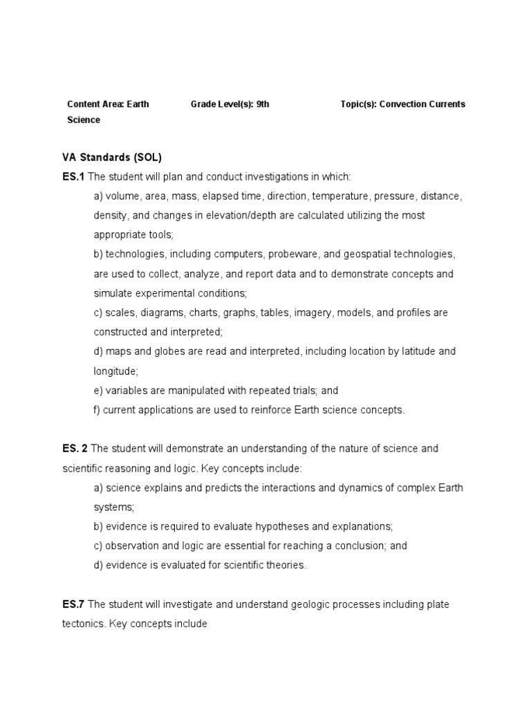 VA Standards (SOL) ES.1: Content Area: Earth Science Grade Level(s ...