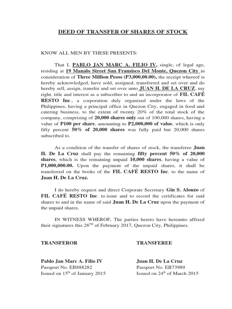 Deed of Transfer of Share of Stock (Jan) | PDF | Notary Public | Common Law