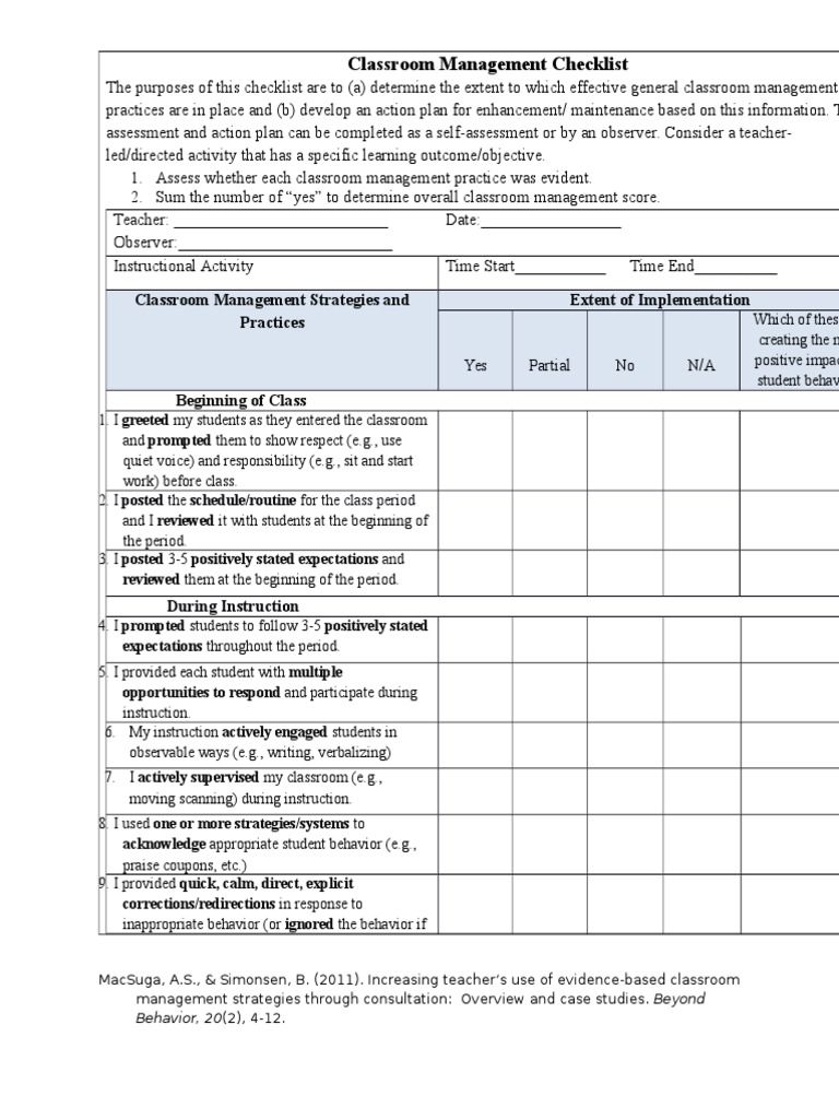 Classroom Management Checklist Simonsen | PDF | Classroom Management ...