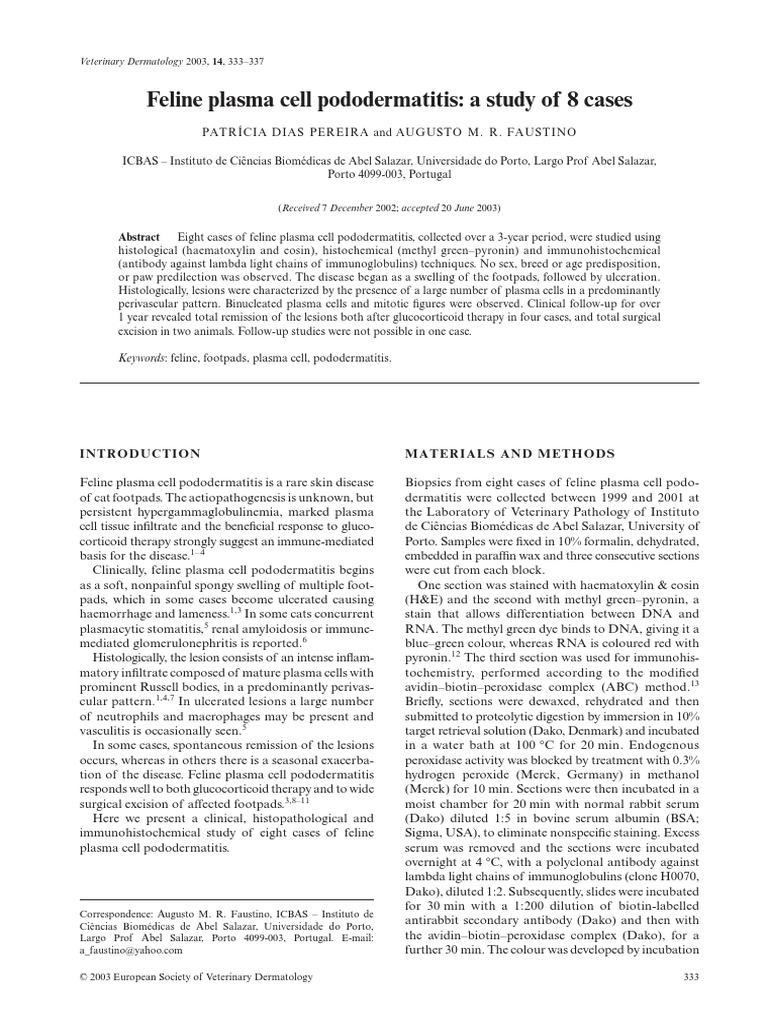 Feline Plasma Cell Pododermatitis - A Study of 8 Cases (Pages 333-337 ...