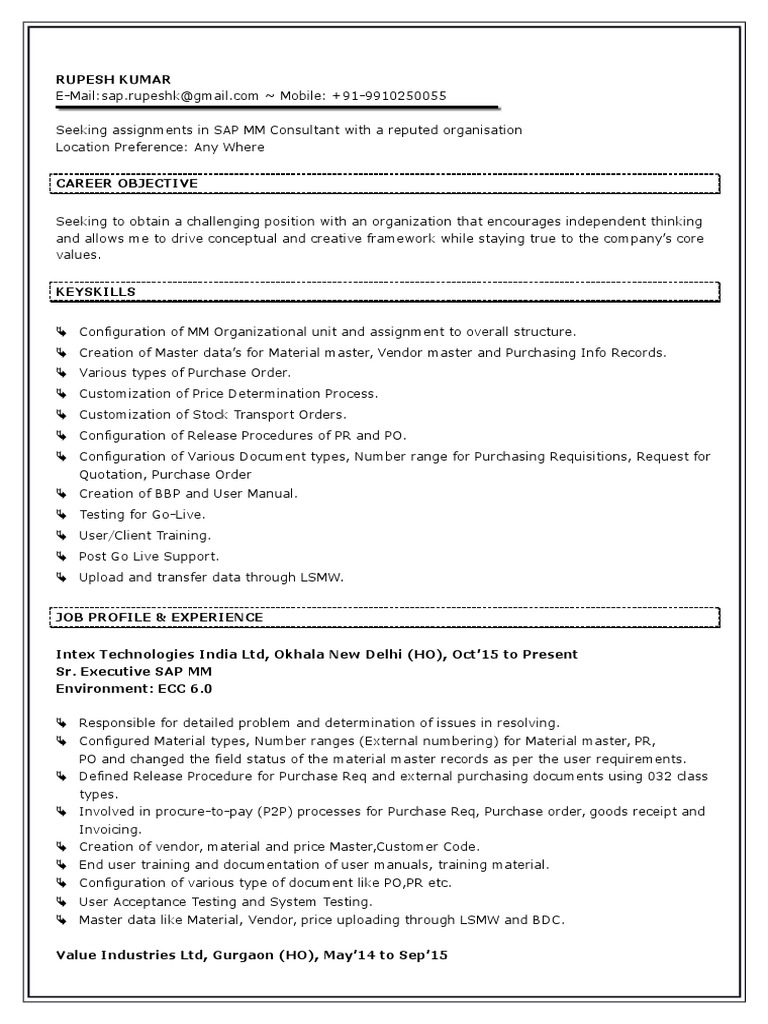 Resume Sap MM | PDF | Business Process | Sap Se