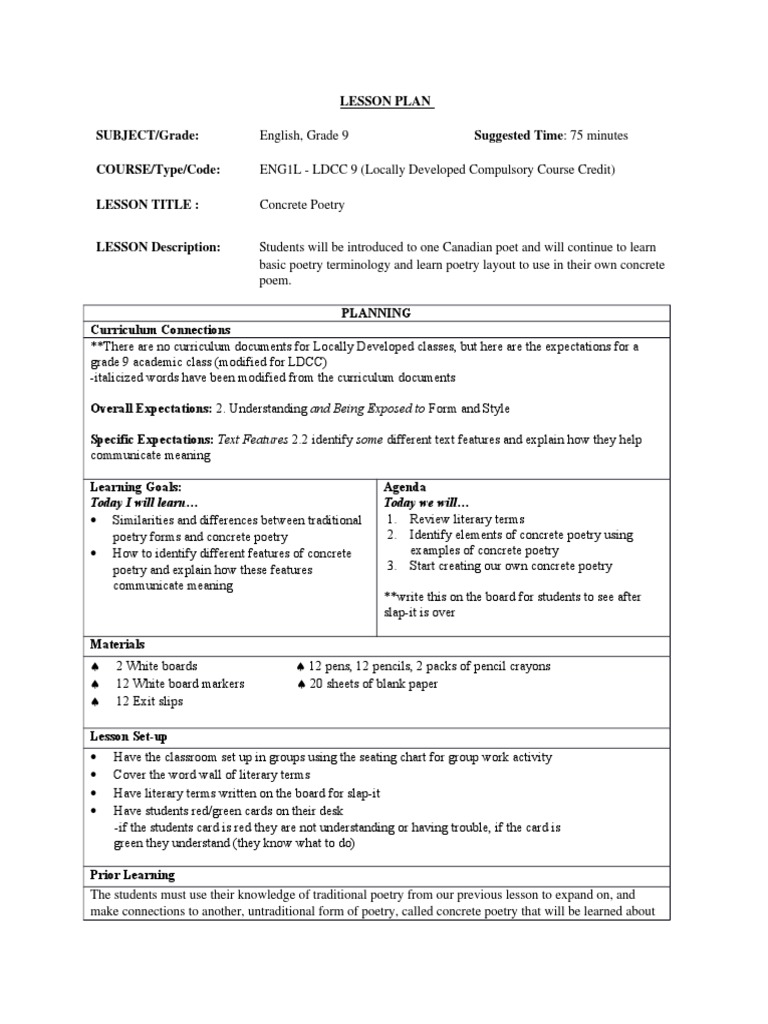 Concrete Poetry Lesson Plan for Grade 9 | PDF | Poetry | Curriculum