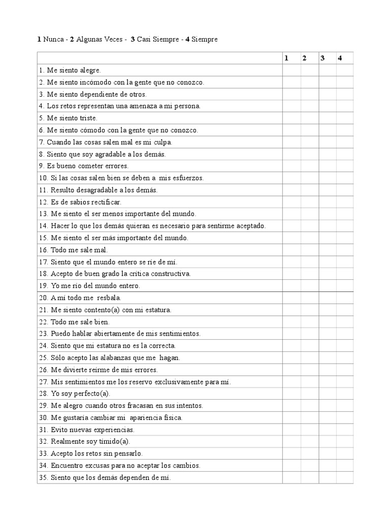 Test de Autoestima | PDF | Autoestima | Ocio