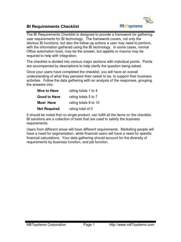 Bi Requirements Checklist | PDF | Data Analysis | Spreadsheet