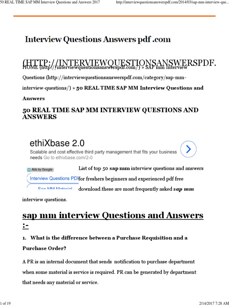 50 REAL TIME SAP MM Interview Questions and Answers 2017 | PDF | Valuation (Finance) | Debits ...