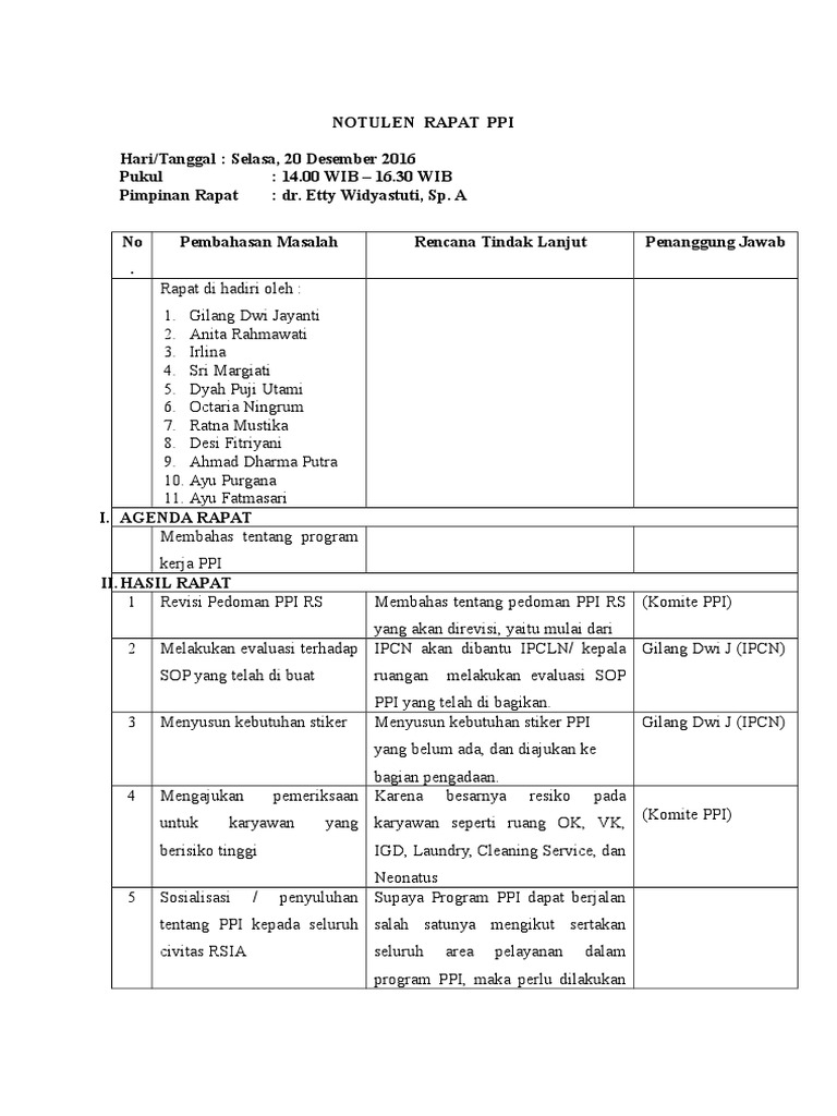 Notulen Rapat PPI RS Desember 2016 | PDF | Pengembangan Diri ...