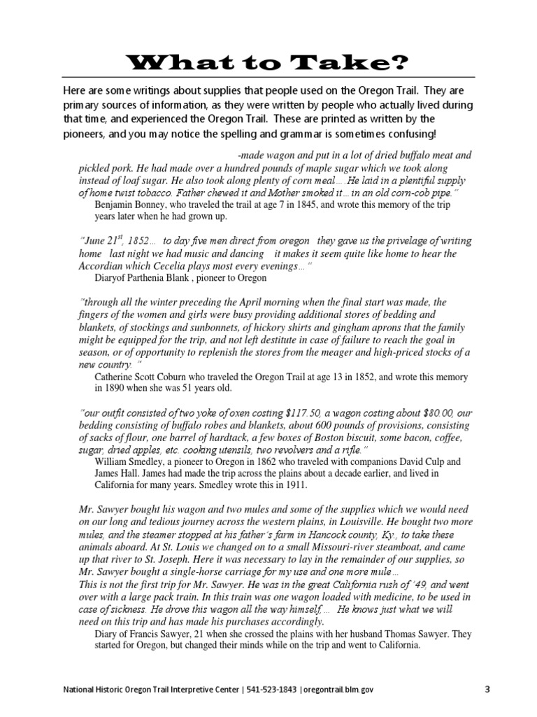 What To Take To Pack Your Wagon | PDF | Oregon Trail | Cooking