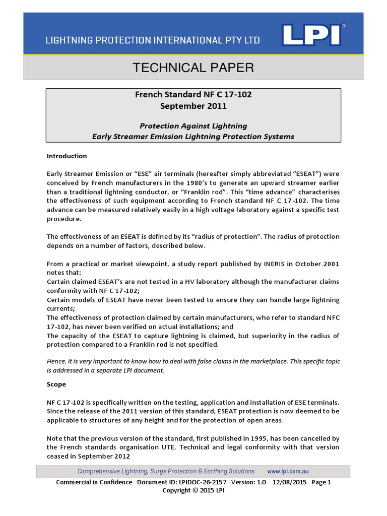 Technical Paper-French Standard NFC 17-102 (2011) | PDF | Building Engineering | Electricity