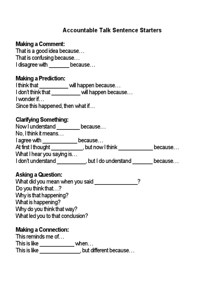 Accountable Talk Sentence Starters | PDF