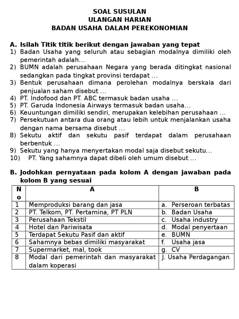 Soal Susulan Badan Usaha Dalam Perekonomian | PDF