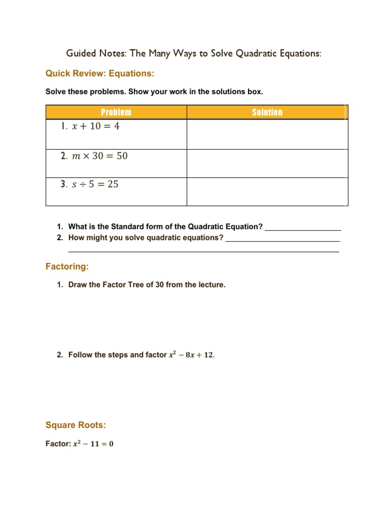 Guided Notes: The Many Ways To Solve Quadratic Equations | PDF