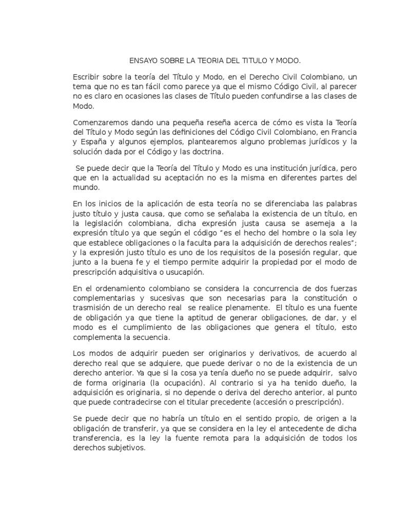Ensayo Sobre La Teoria Del Titulo y Modo | PDF | Propiedad | Instrumento jurídico