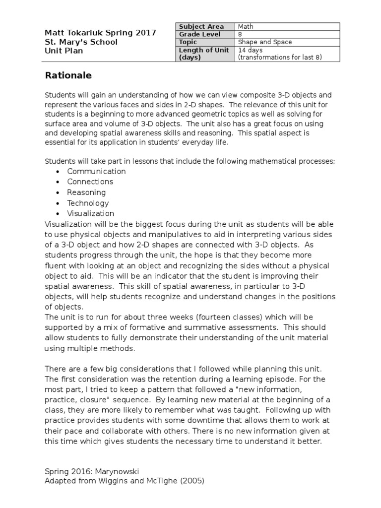 Grade 8 3d Geometry Unit Plan | PDF | Shape | Educational Assessment