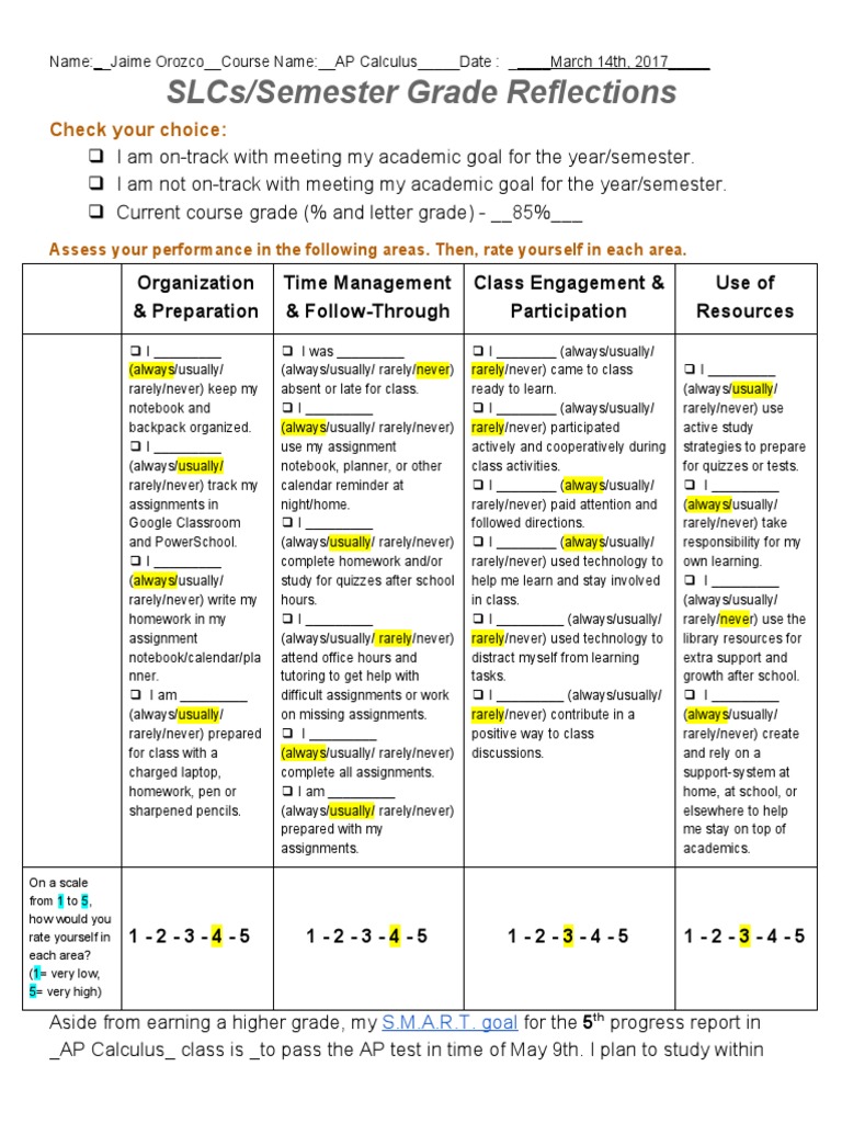 AP Calculus Academic Reflection and Goals | PDF | Homework | Education ...