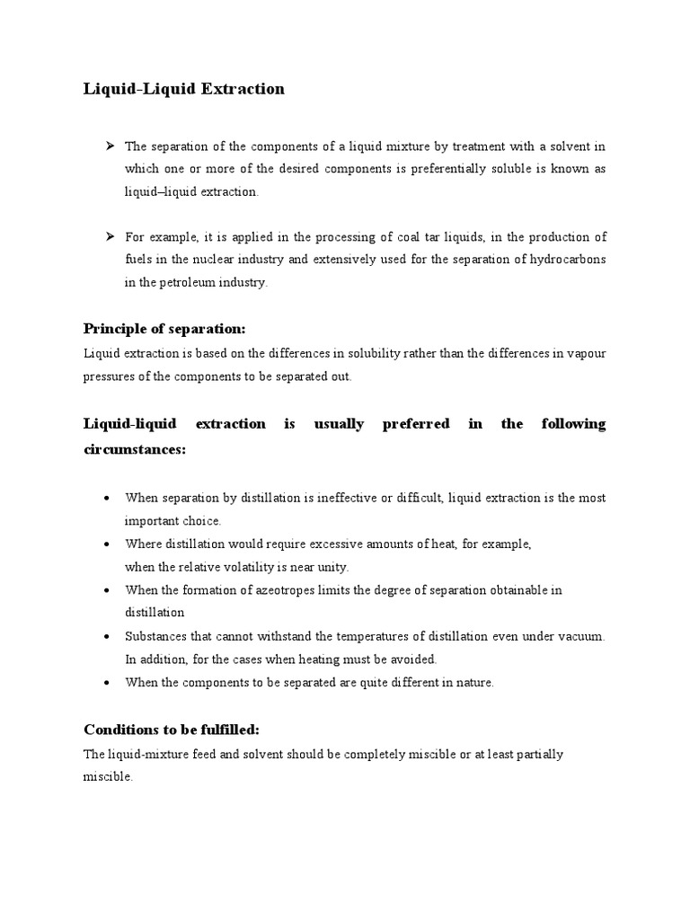 Liquid-Liquid Extraction: Principle of Separation | PDF | Distillation ...