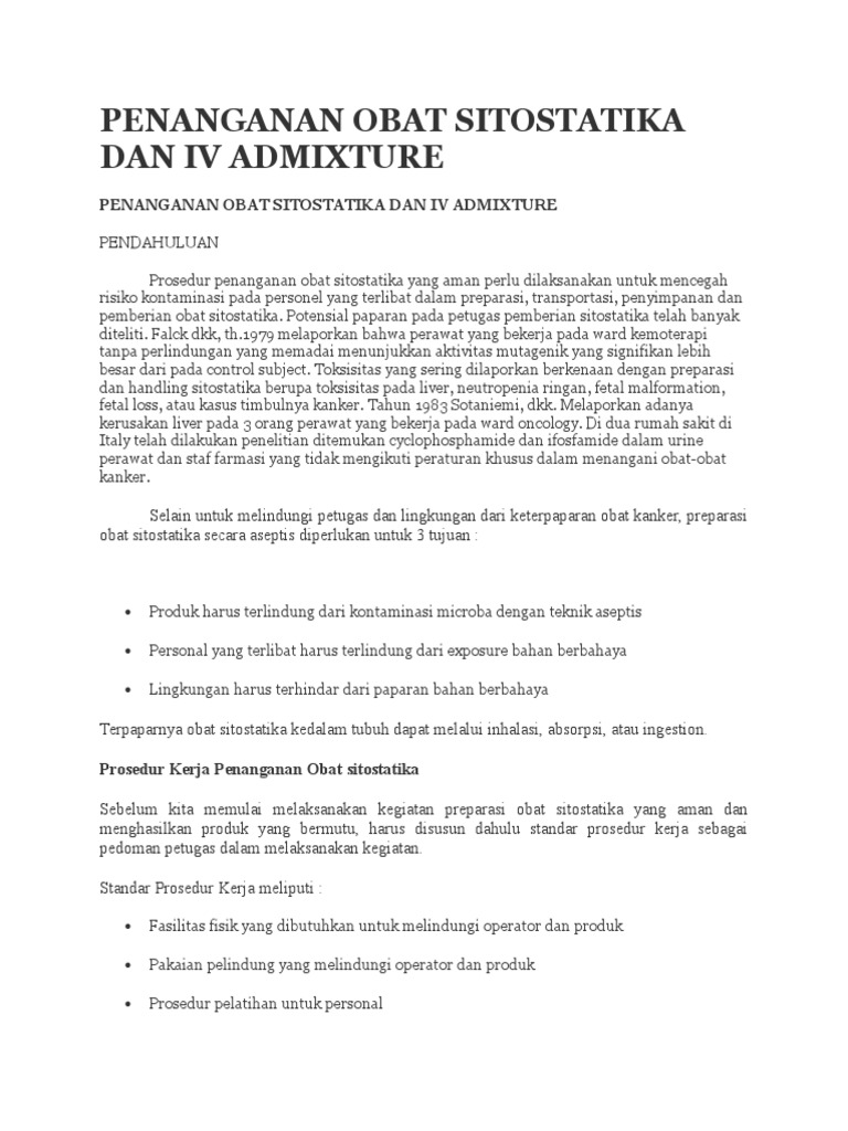 Penanganan Obat Sitostatika Dan IV Admixture | PDF