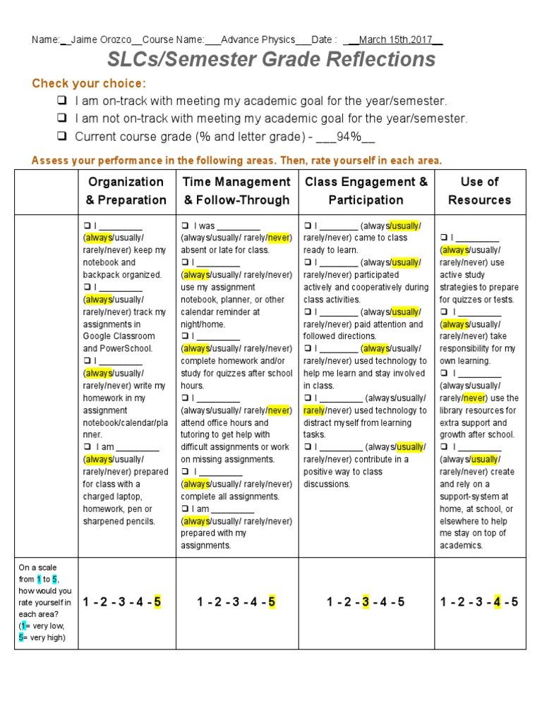 Slcs/Semester Grade Reflections | PDF | Homework | Quality Of Life
