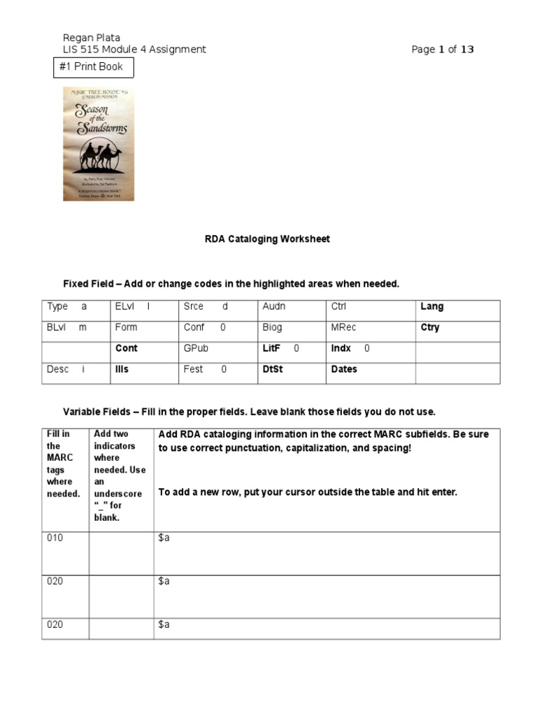 RDA Cataloging Worksheet Overview | PDF | Animation | Leisure