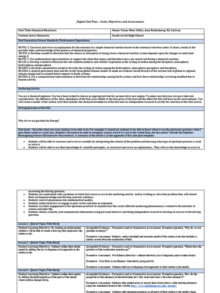 High School Chemistry Unit Plan: Chemical Reactions | PDF