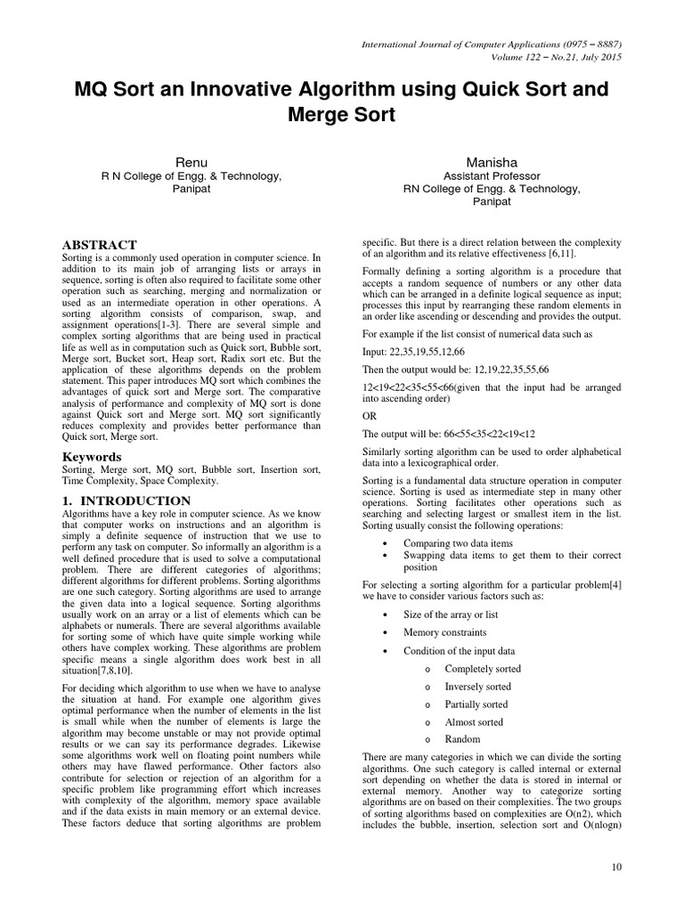 MQ Sort An Innovative Algorithm Using Quick Sort and Merge Sort | PDF | Mathematical Concepts ...