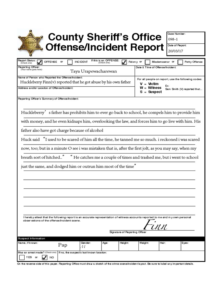County Sheriff's Office Offense/Incident Report: Taya Urapewacharewan ...