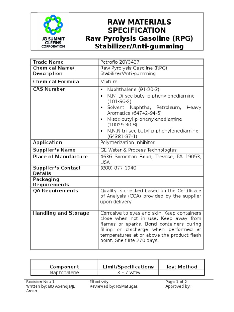 Raw Material Specification Sheet_Petroflo 20Y3437 New | Gasoline ...