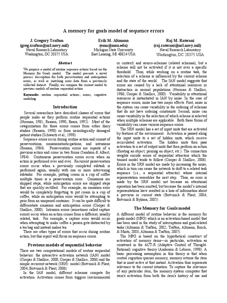 A Memory For Goals Model of Sequence Errors | PDF | Recall (Memory ...