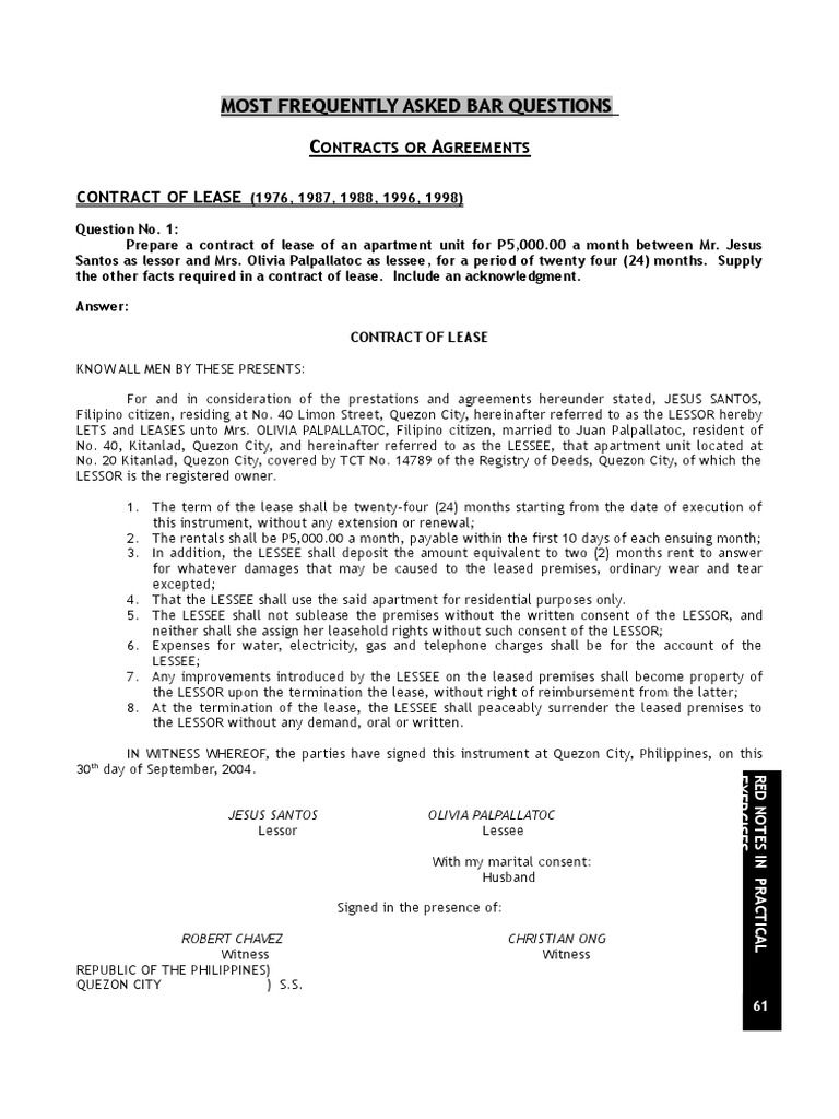 Most Frequently Asked Bar Questions C A: Contract of Lease | PDF ...